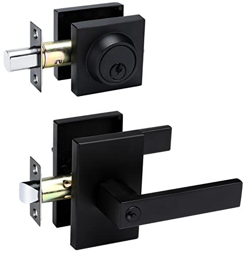 goldenwarm Keyed Alike Black Door Handle with Deadbolt, Square Contemporary Matte Black Exterior Door Lock Set with Deadbolt, Heavy Duty Zinc-alloyed Front Entry Door Locksets with Deadbolt(1 Pack)