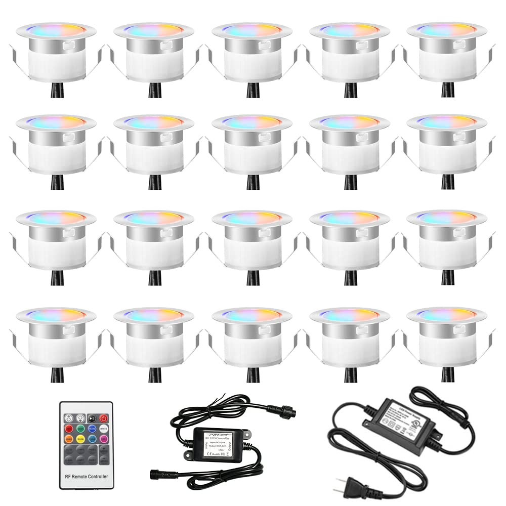FVTLED Low Voltage 20pcs Multi-Color RGB LED Deck Lights Kit 1-3/4" Stainless Steel Recessed Wood Outdoor Yard Garden Decoration Lamp Patio Stairs Landscape Pathway Lighting