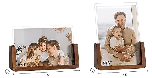 eletecpro Picture Frame 2 Pack, 4X6 Brown Picture Frames with Walnut Wood Base and High Definition Break Free Acrylic Glass Covers for Tabletop or Desktop Display, Horizontal & Vertical