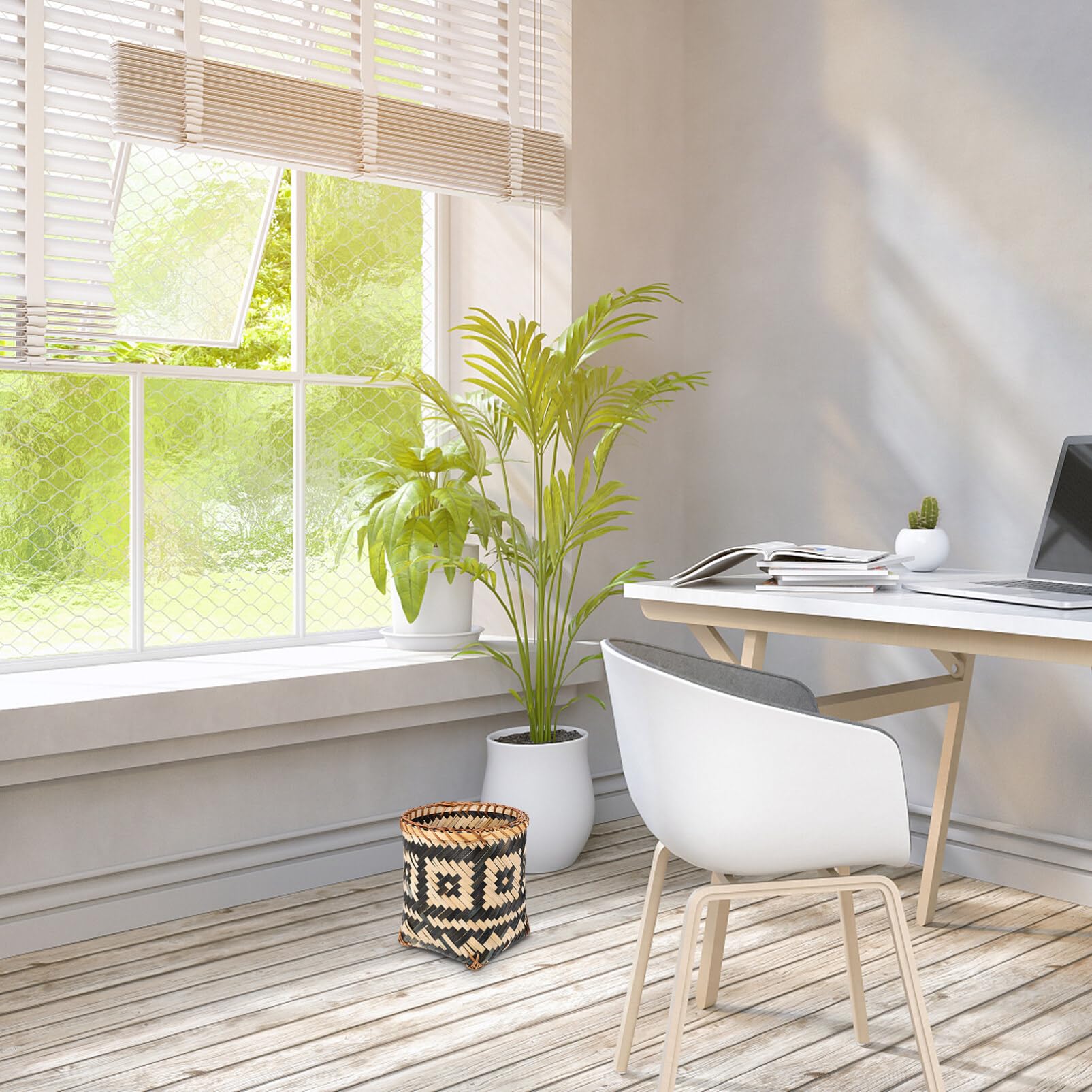 DEARMAMY Bamboo Woven Trash Can, Rattan Garbage Bin Wicker Laundry Basket Round Waste Basket Rubbish Storage Container Waste Paper Bin Plant Flower Pot for Under Desk Office
