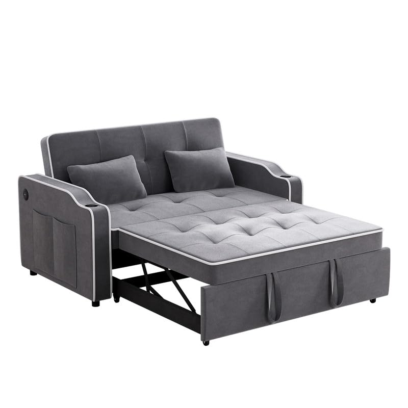 DAMAIFROM Sleeper Sofa Bed with USB Port, Velvet Pull Out Couch Bed, 3-in-1 Convertible Upholstered Loveseat Sofa,Velvet Futon Couch with Adjustable Backrest for Living Room,Dark Grey