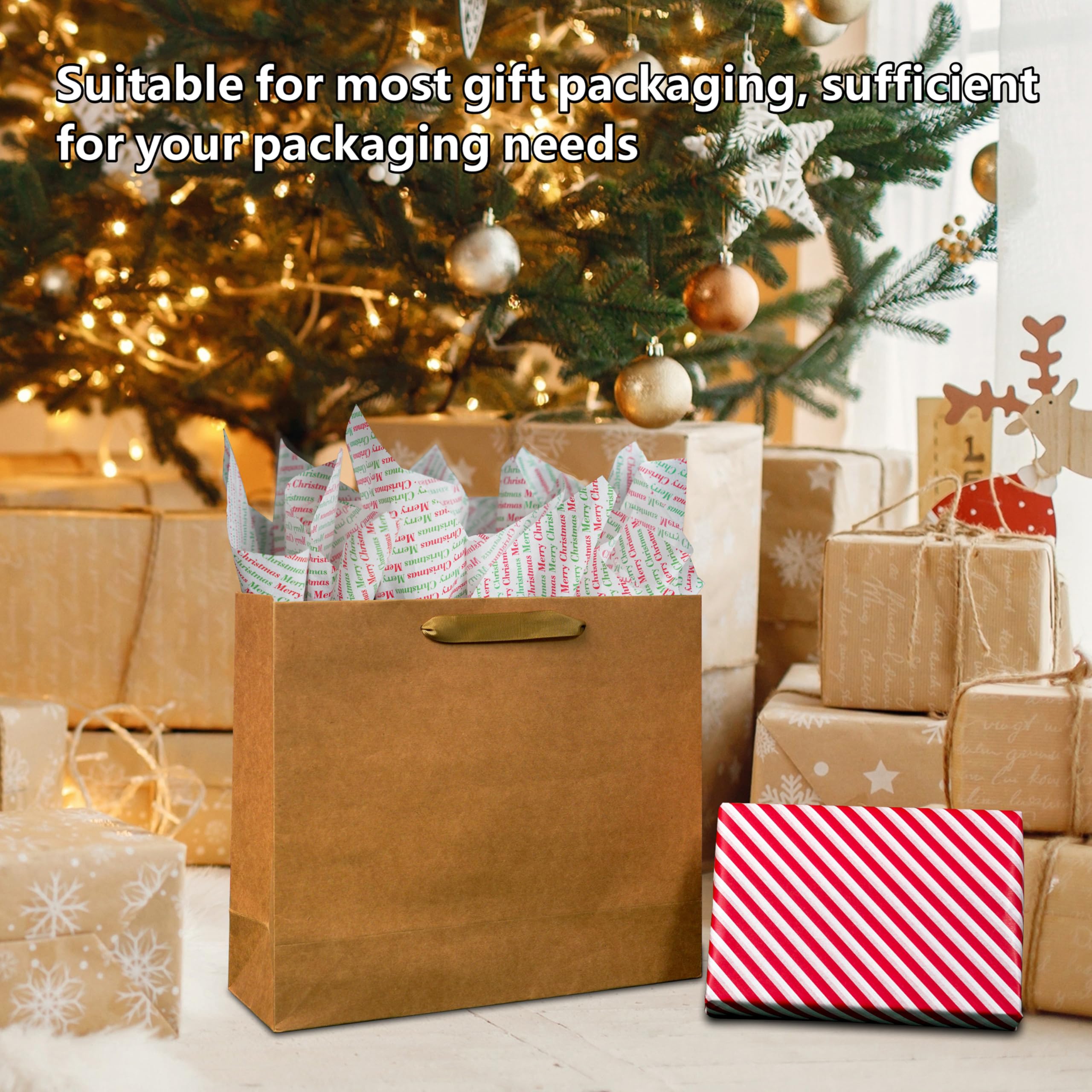 Bobobag 150 Sheets 20"X14" Christmas Tissue Paper for Gift Bags Party Decoration, Red, Green, White, Red Diagonal, Christmas Tree, Merry Christmas Wrapping Paper