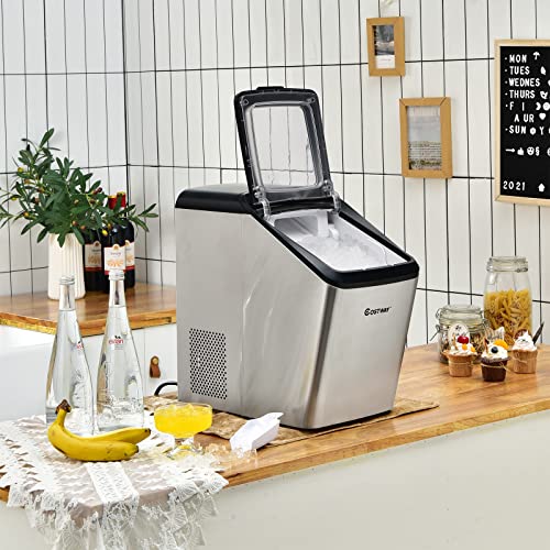 COSTWAY Nugget Ice Maker for Countertop, 29 Lbs/24H Portable and Compact Ice Machine with Self-Cleaning, Auto-Defrost Function, 3 Lbs Basket and Scoop, Stainless Steel Ice Maker for Indoor Use, RV