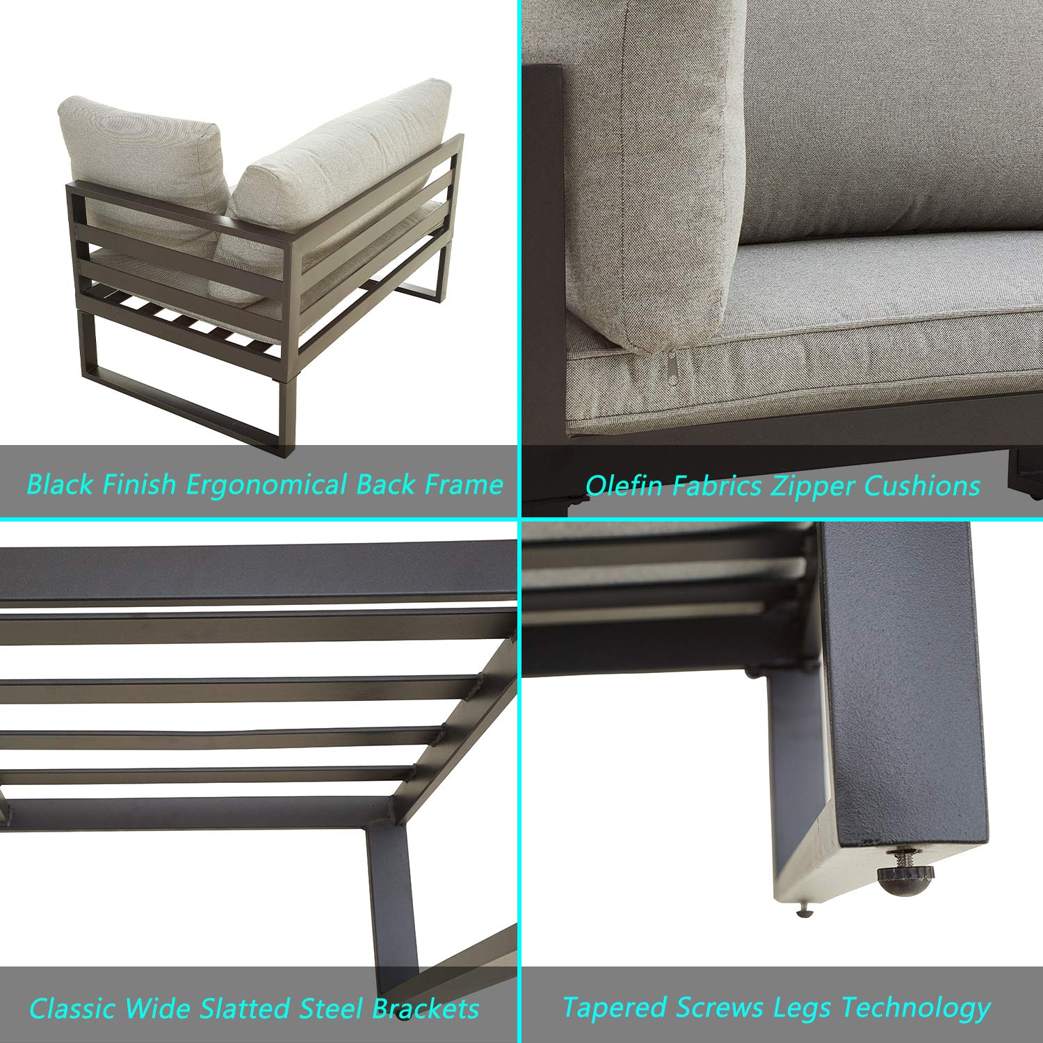 Festival Depot 5 Pieces Patio Furniture Outdoor Conversation Set Metal Corner Sectional Sofa Couch Patio Armrest Chair Cushioned Lounger Dining Coffee Side Table with Ottomans