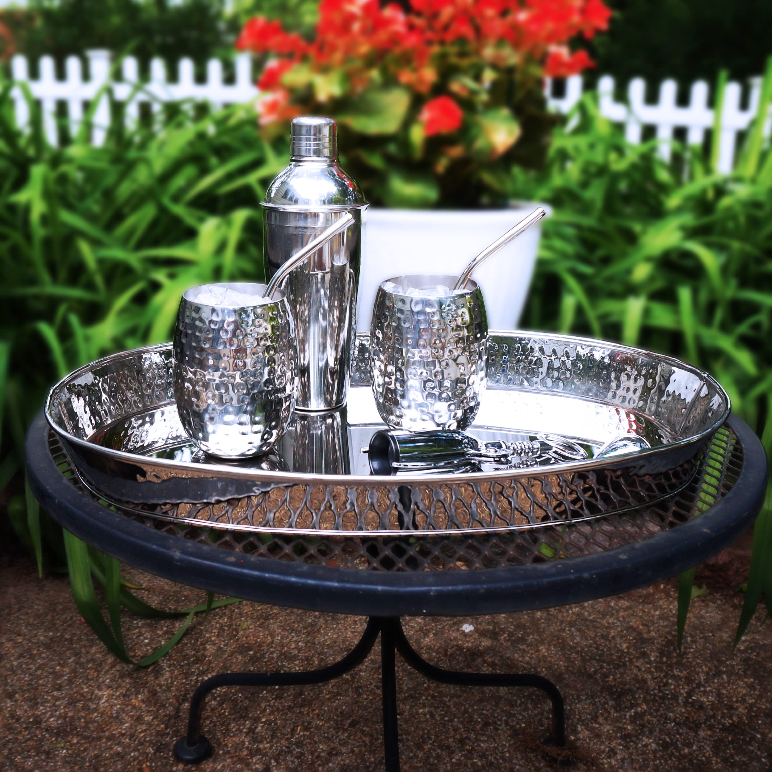 BREKX Metal Serving Tray 21" x 14" - Decorative Hammered Platter for Barware, Kitchenware, Coffee Tables (Stainless Steel)