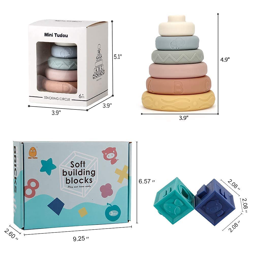 Mini Tudou Baby Blocks & Stacking Rings Toy Set, Baby Sensory Building & Teething Toys Educational Squeeze Play with Animals Shapes Textures Numbers, Holidays for Toddlers Babies 6m+