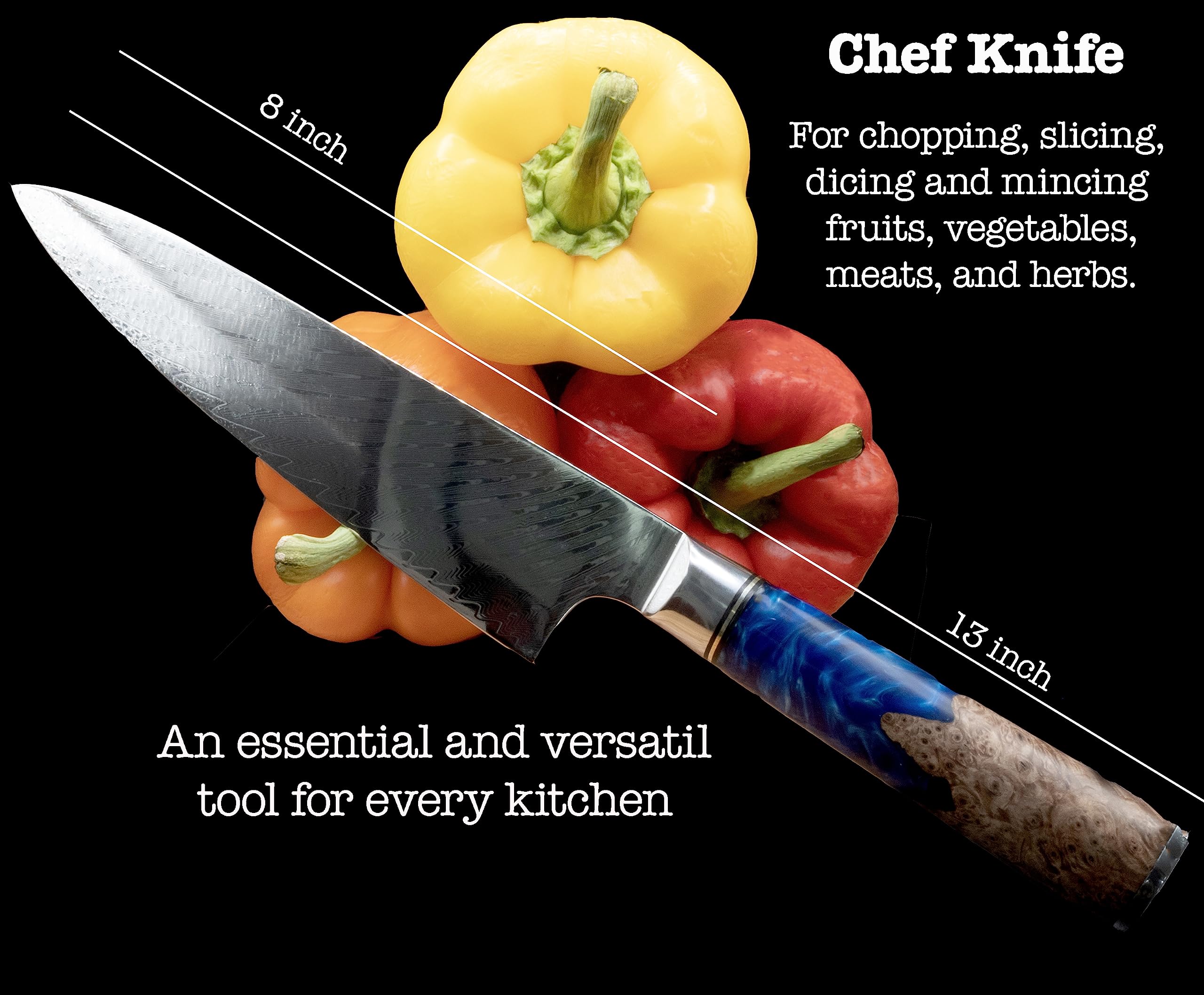 Damascus Kitchen Knife Set 3 piece, 67 Layer Handmade Damascus VG10 Steel Core Forged, 8" Chef Knife, 7,5" Serrated Knife, 5" Utility Knife, Resin Wood Handle, Gift Box Included