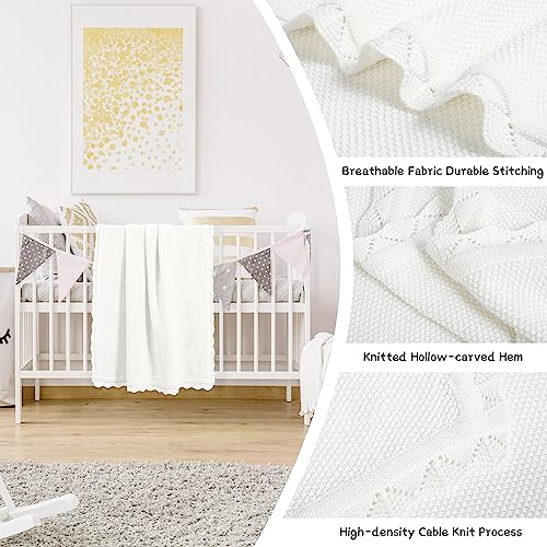 TRENDSTITCH 100% Cotton Baby Blanket Knit Lace Soft Warm Toddler Blanket,30 x 40 Inches,White