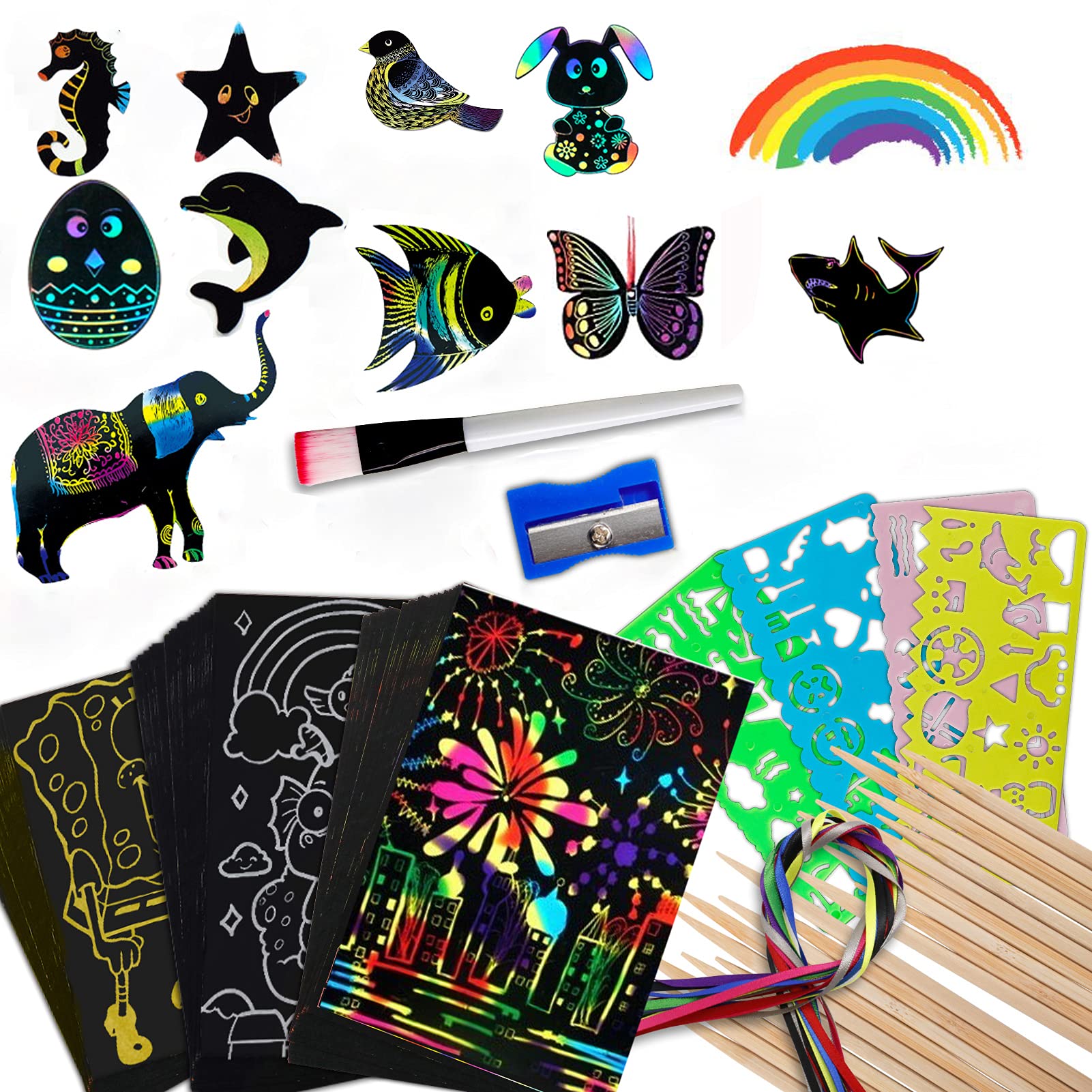Scratch Art for Kids, 118 PCS Rainbow Scratch Paper Set Black Scratch it Off Paper Art Crafts Notes Sheet for Children Girls Boys Fun DIY Toy Birthday Game Christmas Easter Craft Gifts