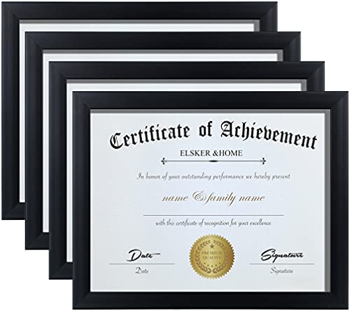 ELSKER&HOME 8.5x11 Picture Frame - Black Sturdy Wood Composite Certificate Frame - Semi-Tempered Glass - Includes Hanging Hardware and Desktop Easel - for Document/Diploma Frame (4 Pack)