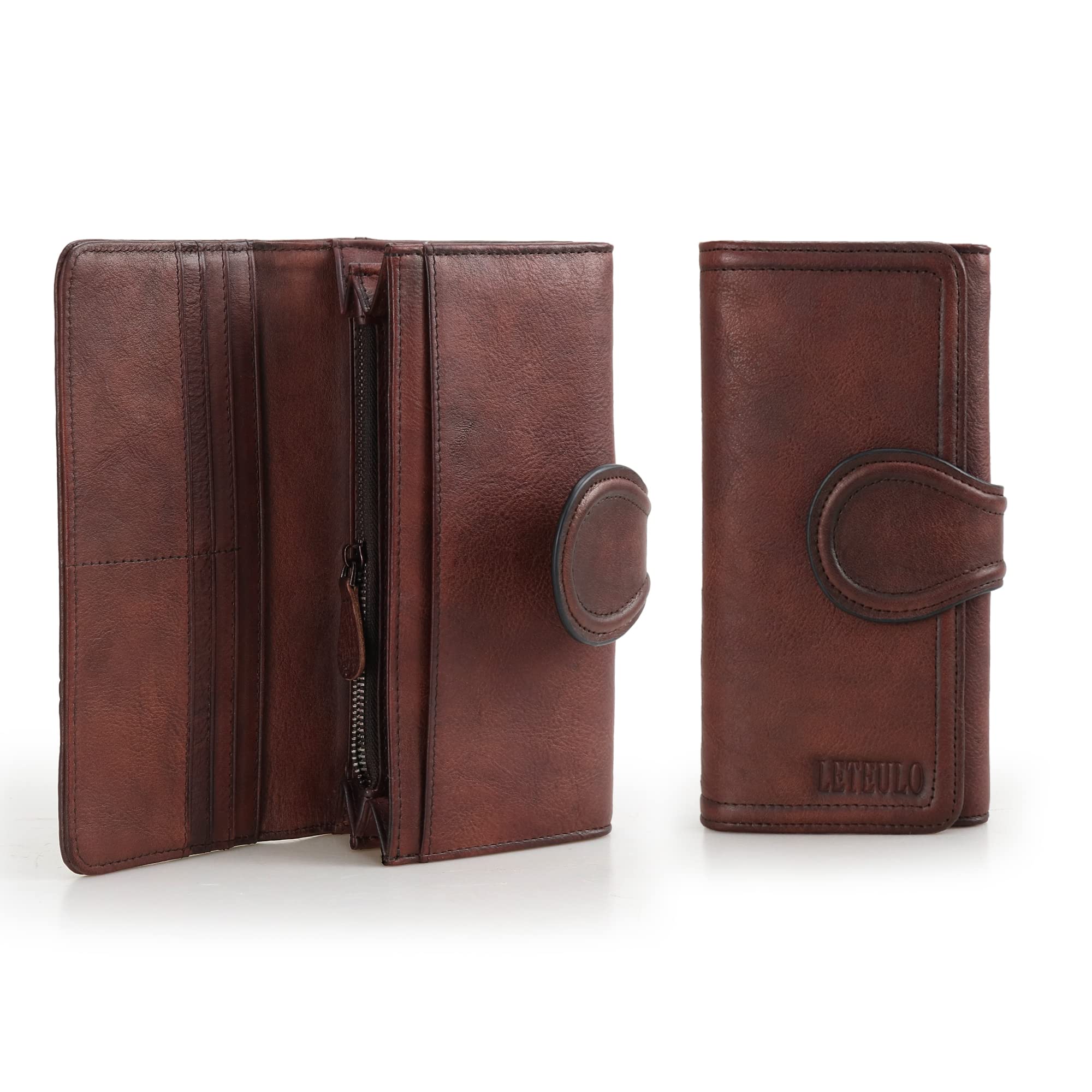 LETEULO Womens Wallet Leather Card Holder Designer Clutch Wallet Purse with Zipper Pocket (Coffee)
