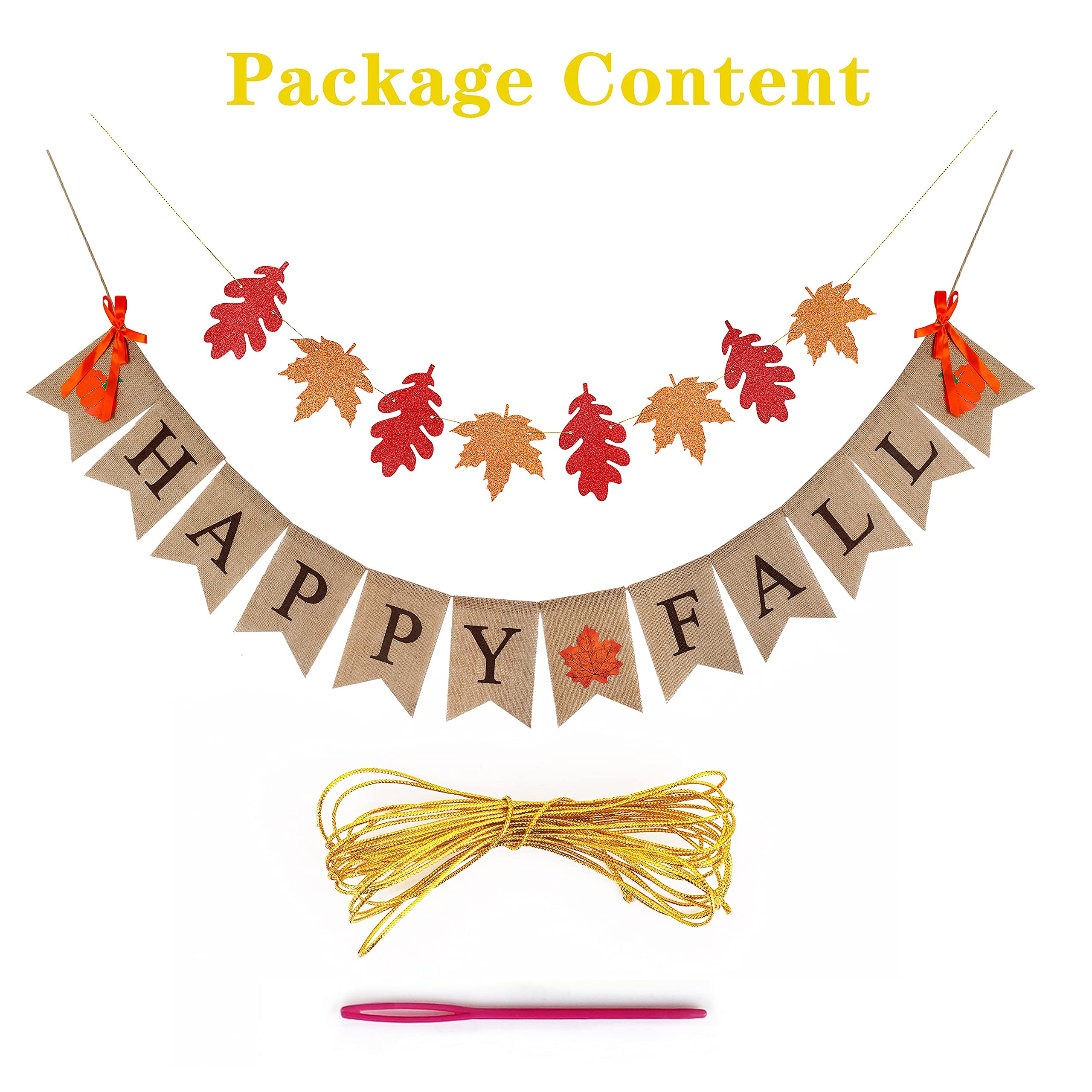 Happy Fall Burlap Banner, Fall Decor for Home, Banner Garland Maple Leaf Sign, Autumn Party Decorations Thanksgiving Fall Harvest Decor for Mantle Fireplace Wall Wreath, Pumpkin Décor – 2PC