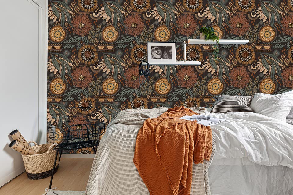 HAOKHOME 93291 Wallpaper Peel and Stick Floral Boho Brown/PeachPuff/Green Retro Wall Decor Bathroom Removable Mural 17.7in x 9.8ft