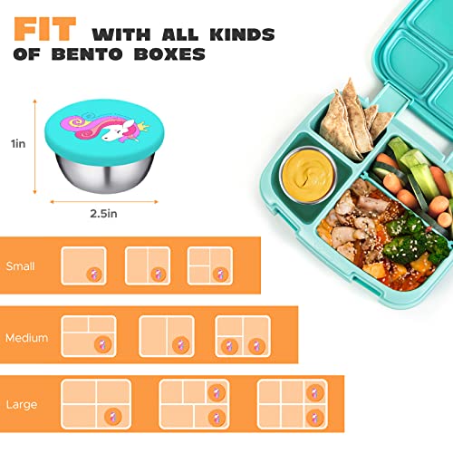 MAIGOZON Salad Dressing Containers To Go, Small Condiment Containers with Lids, Stainless Steel Condiment Cup with Unicorn Leakproof Silicone Lids for Girls Kids Lunch Bento Box, 6PCS