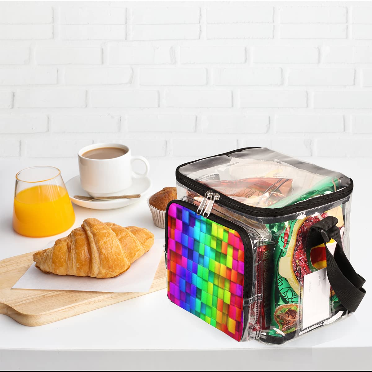 bisibuy Rainbow Box Pattern Clear Lunch Bag Stadium Approved PVC Plastic See Through Lunch box with Adjustable Strap for Sports Events Concerts Office