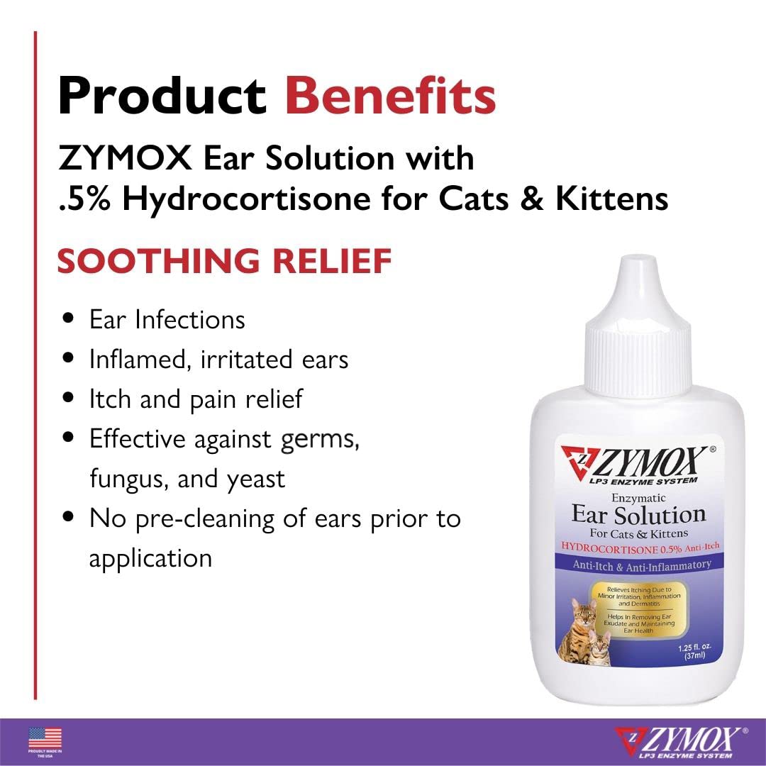 Zymox Enzymatic Ear Solution with 0.5% Hydrocortisone for Cats & Kittens, 1.25 oz. β Cleans & Refreshes Ear Canal for Relief from Ear Wax, Dirt Buildup, Itchiness, Irritation, Inflammation & Redness