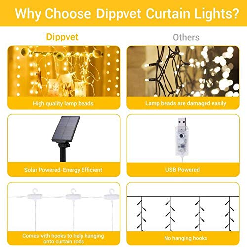 Solar String Lights Twinkle 300 LED Window Curtain String Light Solar Powered 8 Modes Fairy Lights for Wedding Party Home Garden Bedroom Outdoor Indoor Wall Decorations, Warm White
