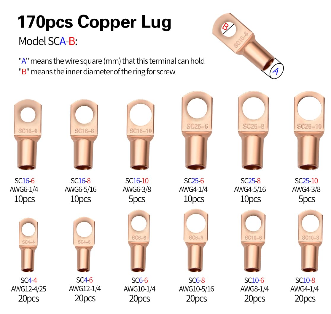 Cable Lug Crimping Tool with 170pcs Copper Wire Lugs and 210pcs Heat Shrinkable Tube, Wire Crimping Tool for AWG 10-1/0 Electrical Lug Crimper, with Cable Cutter