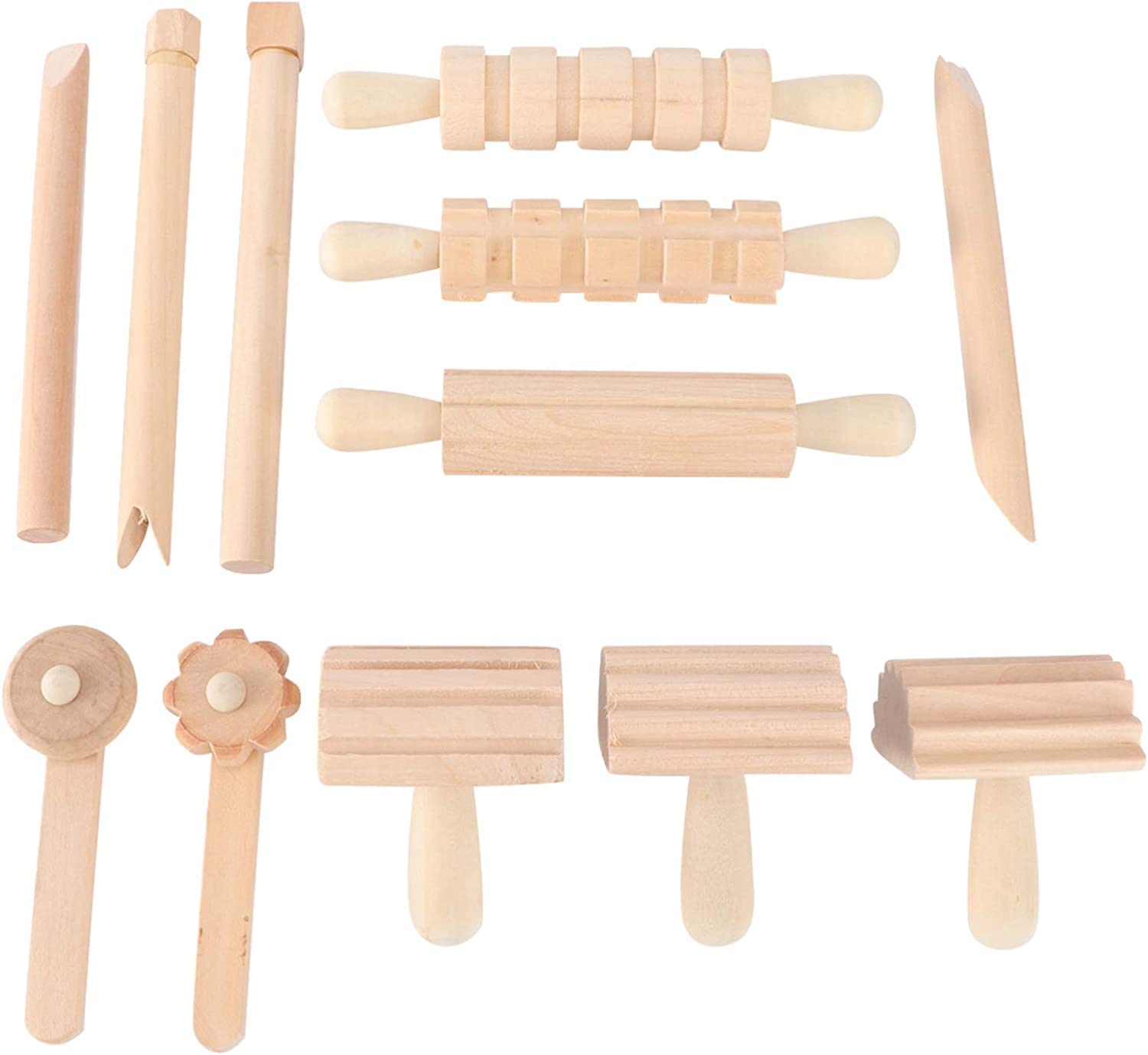 Kisangel 12pcs Wooden Dough Tools Clay Pattern Rolling Pin Set Dough Molding Shaping Tool for Toddler Kids Art Craft Activity Supplies