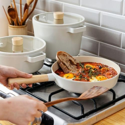 FIKA 9.5 inch Nonstick Frying Pan with Wooden Handle, Induction Compatible Cookware for All Stovetops, Kitchen Essential Ceramic Coating Skillet, Healthy Cooking Omelet Pan, Made in Korea (24cm)