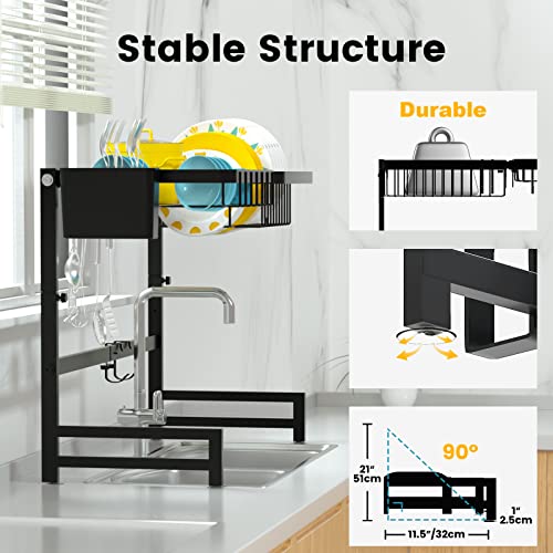 MERRYBOX Over The Sink Dish Drying Rack, SS65-03 Adjustable Length (25.6-33.5in) and Height Over Sink Dish Rack, Dish Drainer with Dishware Holder & Hooks for Kitchen Sink Organizer Space Saver
