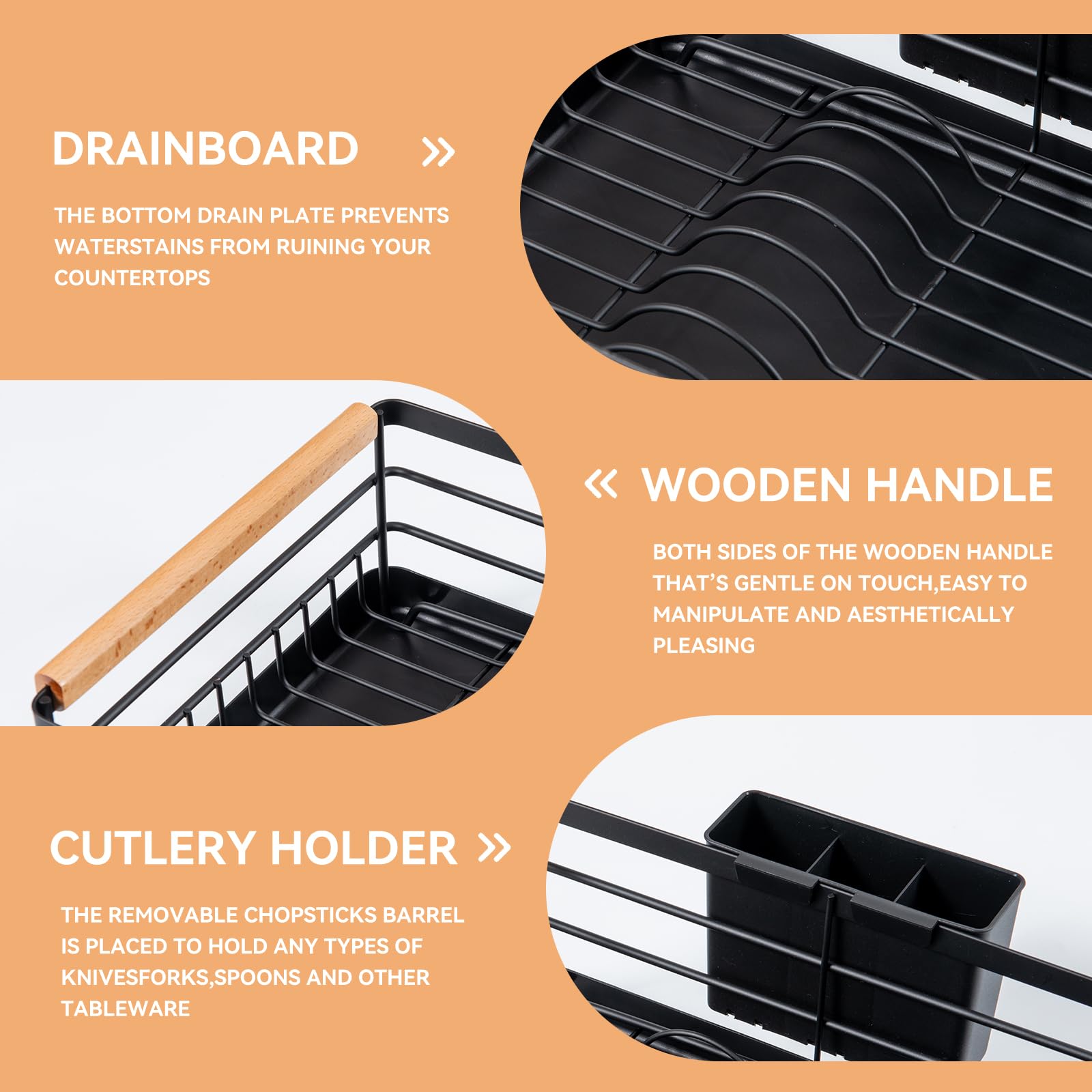 BRIAN & DANY Dish Drying Rack, Dish Racks for Kitchen Counter, Stainless Steel Dish Drainer with Removable Cutlery Holder & Drainboard, Black