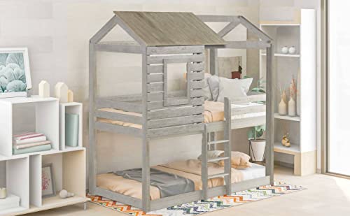Mesnt Twin Bunk Bed Frame | Twin Over Twin Bunk Bed Wood Loft Bed with Roof, Window, Guardrail, Ladder Antique Gray