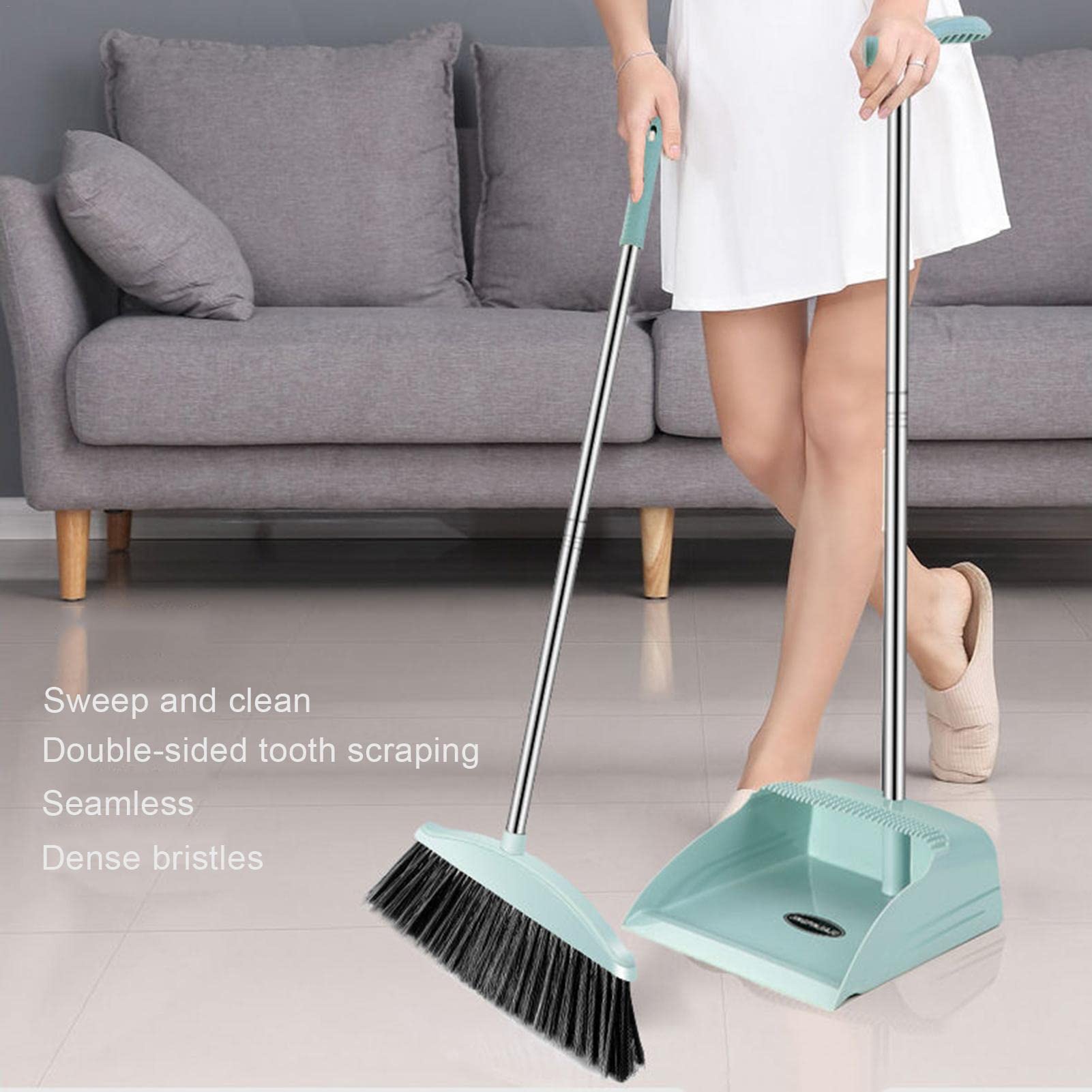 QULSE Broom and Dustpan Set for Home - Dust Pans with Long Handle - Outdoor Indoor for Home Kitchen Room Office,Must Haves for Home (Blue)