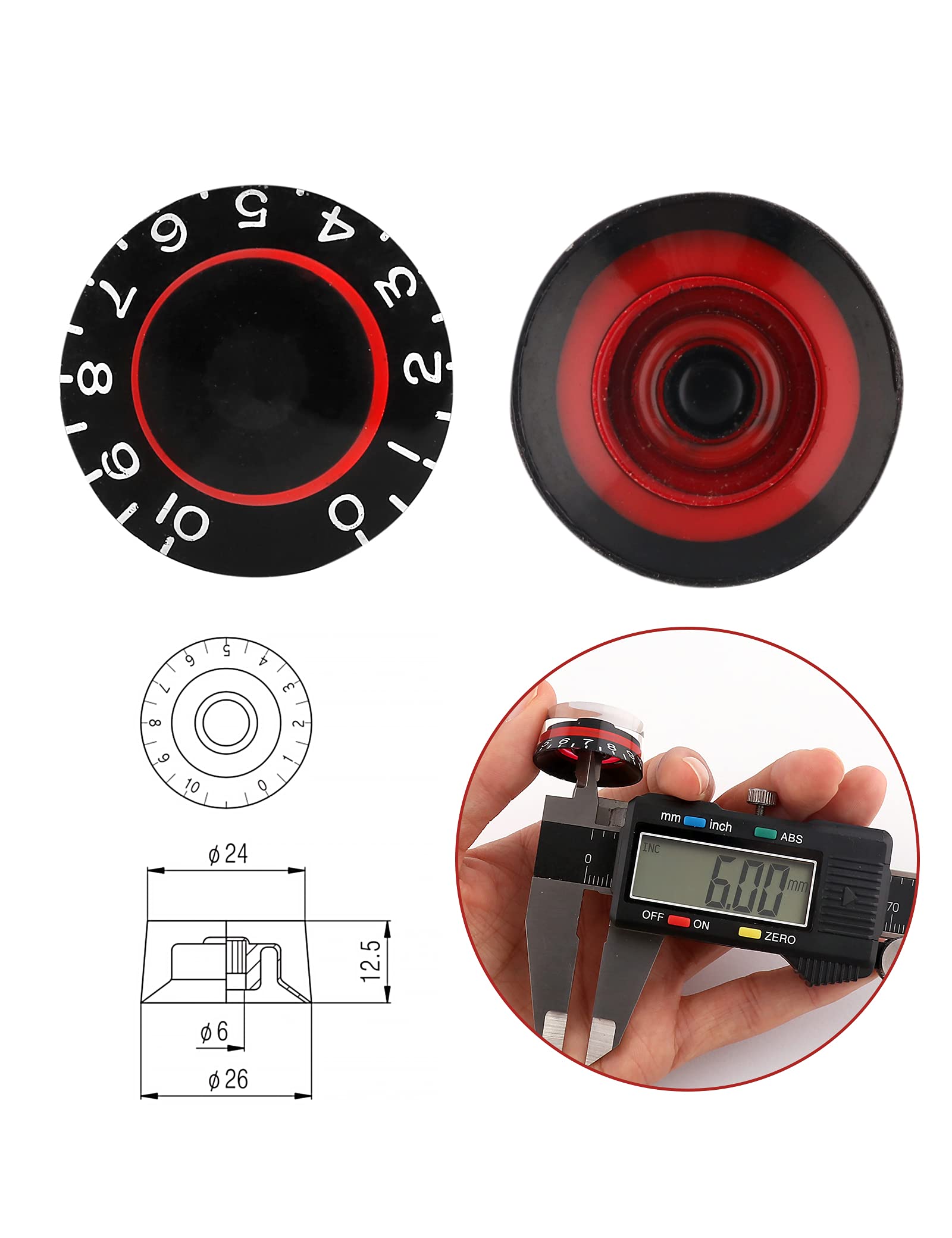 Bogart Guitar Knobs 6mm Shaft Volume Tone Control Knobs Top Hat Knobs for Les Paul LP SG Style Electric Guitar Set of 4pcs.,Black & Red