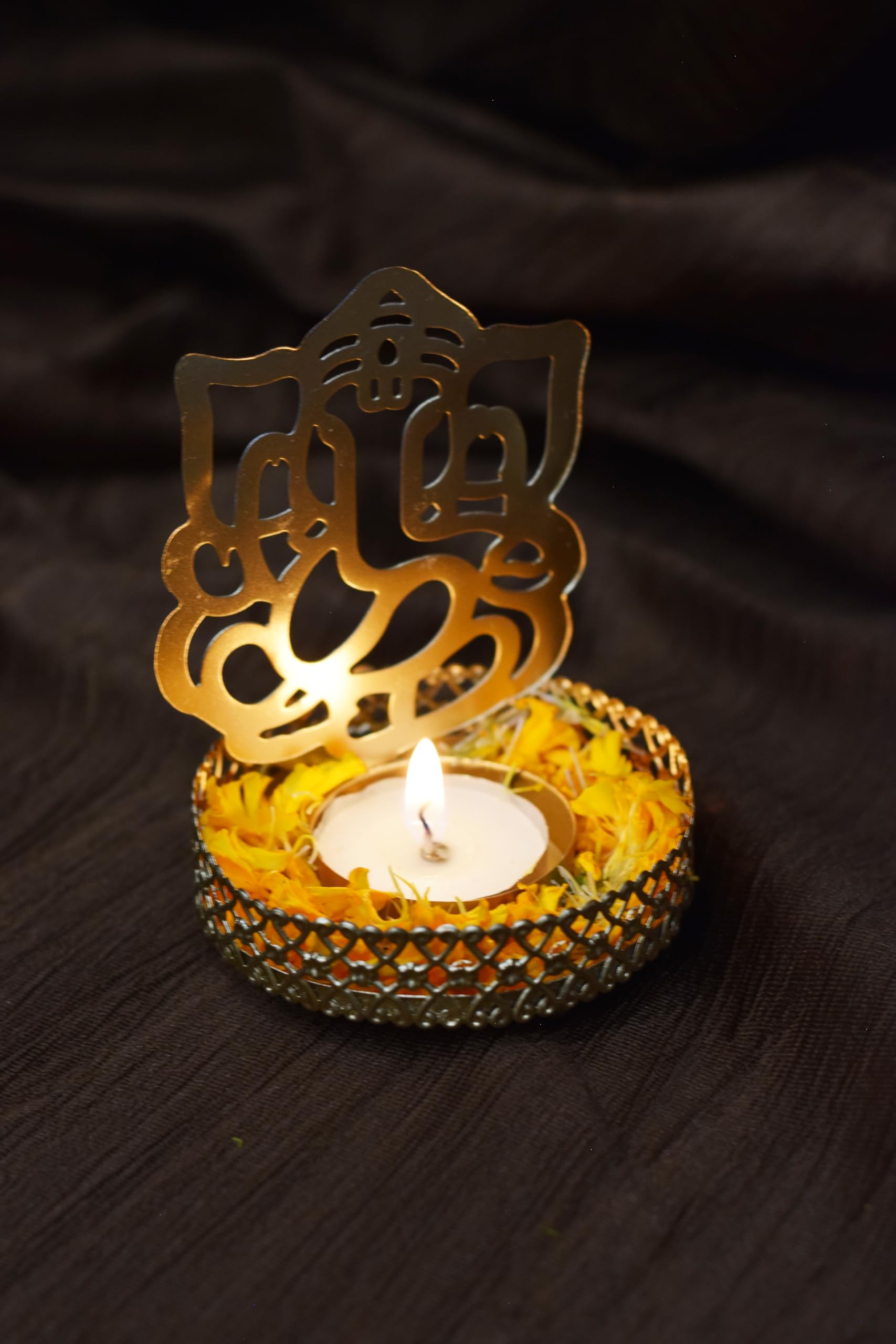 Decorative Ganesha Tea Light with Perforated Gold-Tone Base, Diya, Indian Diwali Celebration, Festival, Happy Diwali