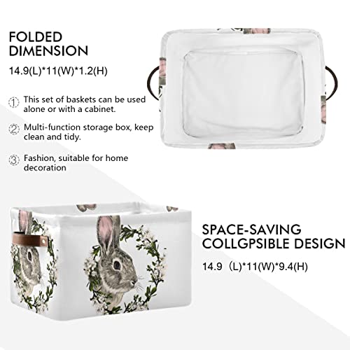 Easter Rabbit Flower Rectangular Storage Basket Storage Bin Collapsible Storage Box with Leather Handles Empty Gift Baskets Organizer for Office, Closet