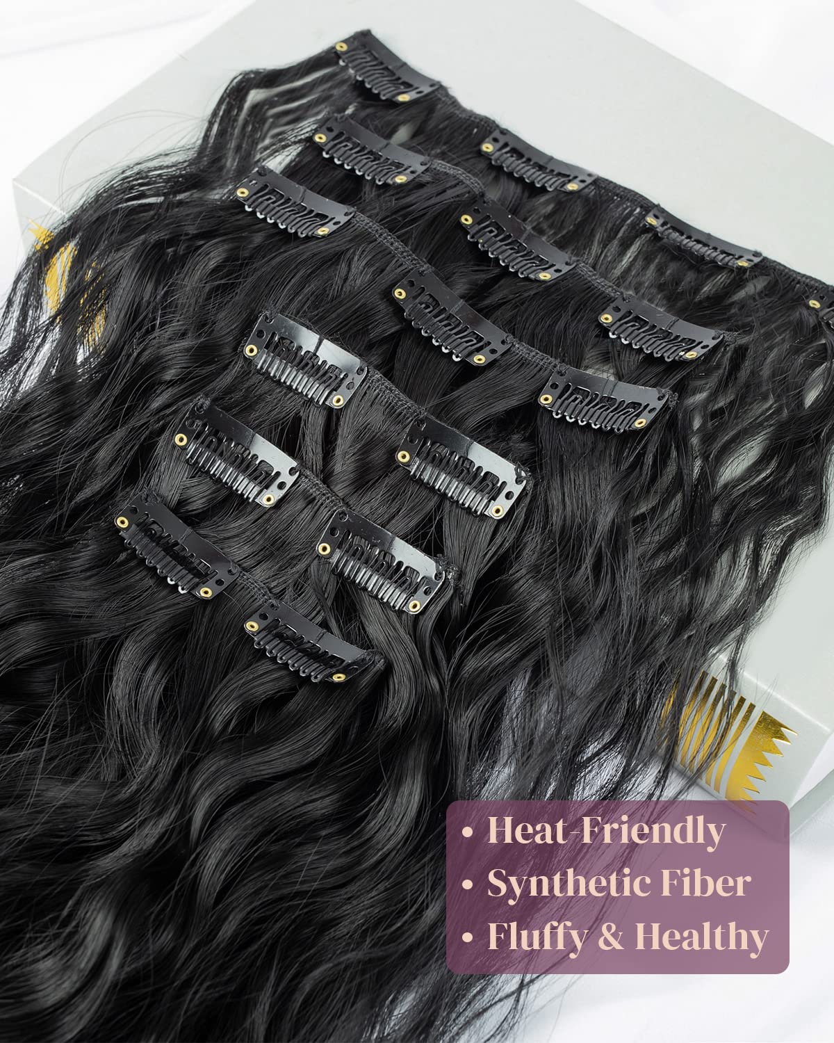 LONAI Clip In Hair Extensions, 6PCS 24" Black Hair Extensions Long Mermaid Waves Wavy Synthetic Clip On Hairpiece For Women(Black)