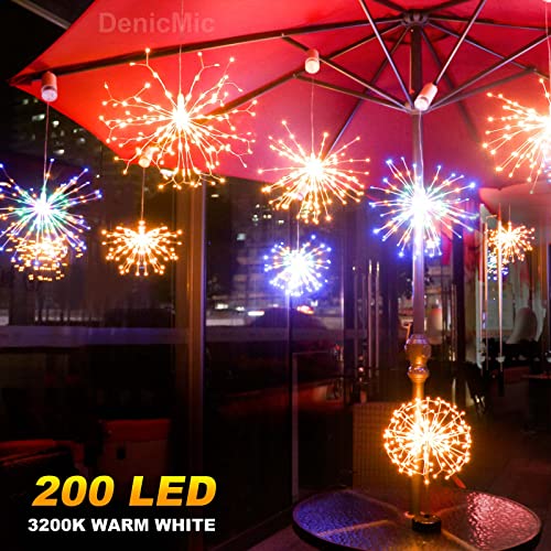 DenicMic Firework Lights 200 LED Copper Wire Starburst Light, 8 Modes Battery Operated Fairy Star Sphere Lights with Remote, Warm White Hanging Ceiling Decorations for Bedroom, Christmas, Party 2 Pack