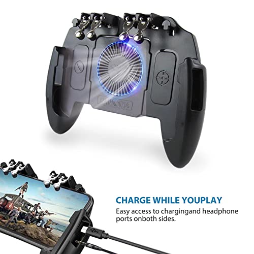 JRSHOME Mobile Game Controller with Cooling Fan/Phone Holder/Finger Sleeves for PUBG/Fortnite/Call of Duty, Mobile Triggers for 4.7β-6.5β iOS Android Phones