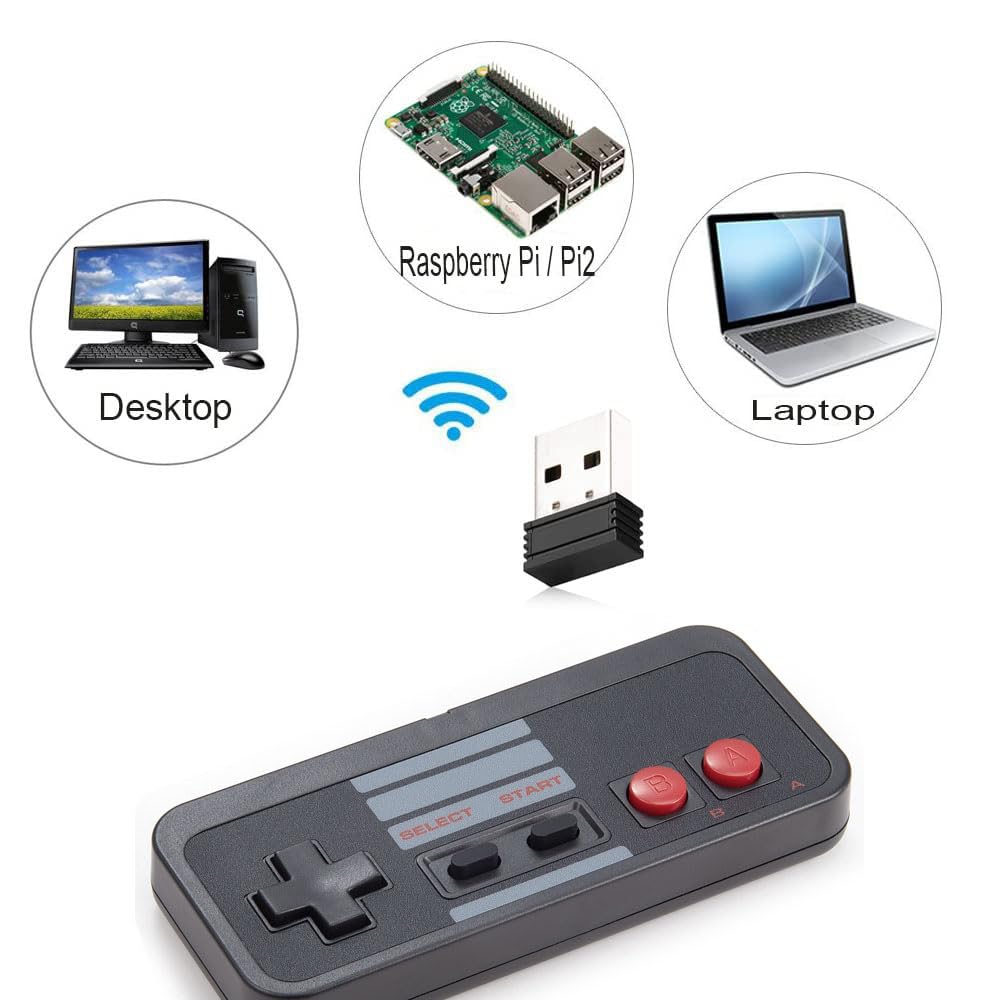 KIWITATA Wireless USB NES Controller for PC Games, 2 Pack 2.4G Rechargeable NES Remote Wireless USB Retro Game Pad Controller for Windows MAC Raspberry Pi 3