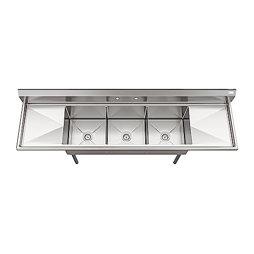 KoolMore 90 in. Three Compartment 18-Gauge Stainless-Steel Commercial Kitchen Sink, Bowl Size 18x18x14, with Three Basins and Pre-Drilled Faucet Holes and Two Drainboards (KM-SC181814-18B3)