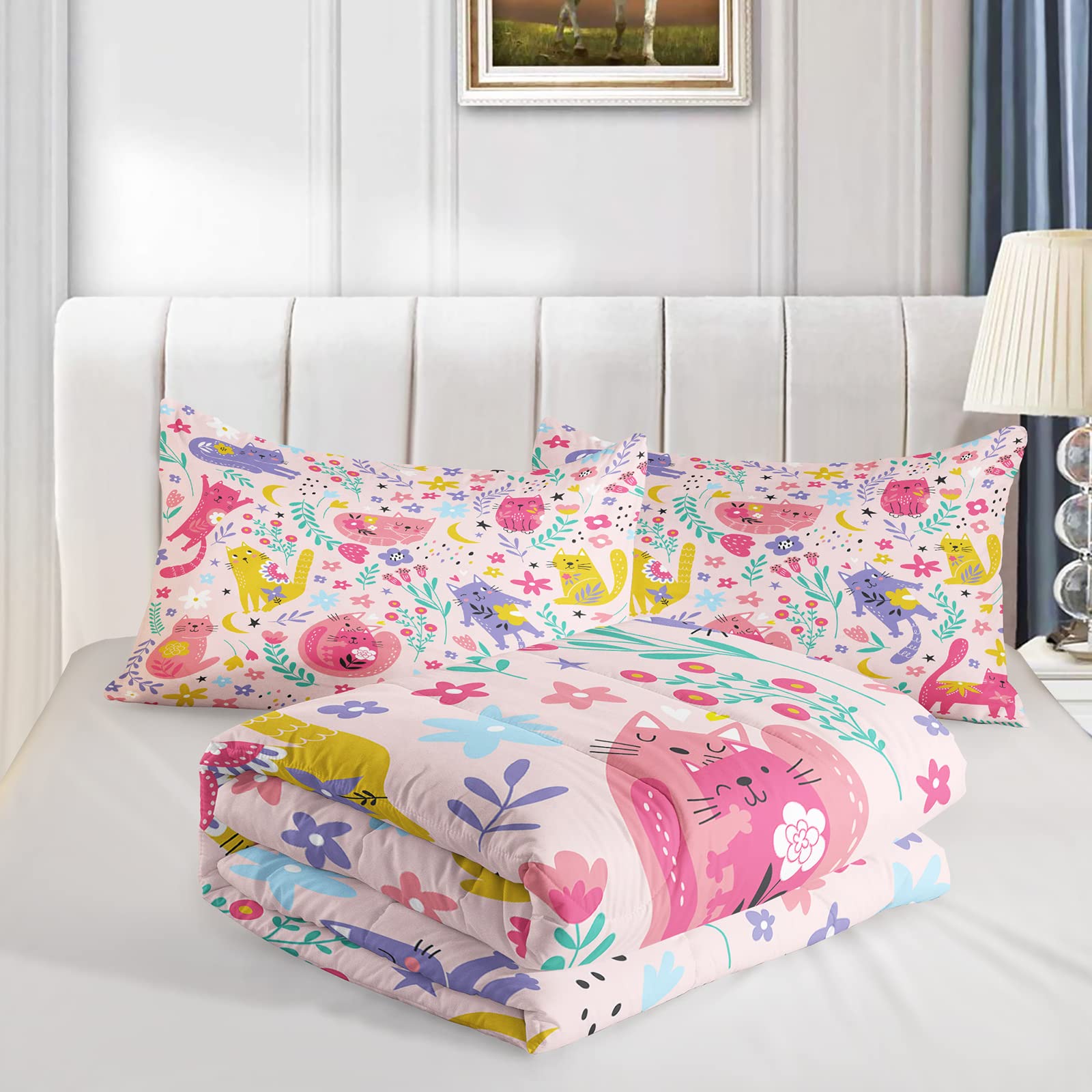 QOOMO Floral Cat Comforter Twin Size,Pink Cat Comforter Set for Kids Teens Girls,3Pcs Bedding Set Printed Comforter with 2 Pillowcases,Down Alternative,Soft and Lightweight(Pink,Twin Size)