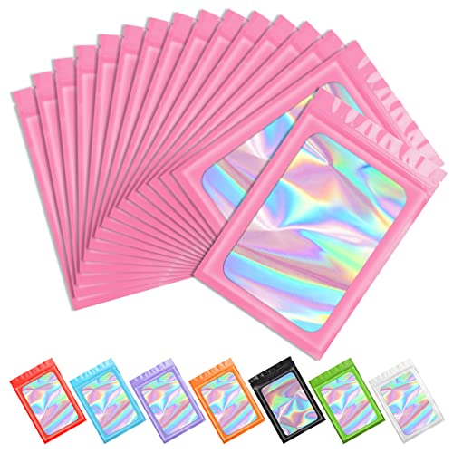 Funfery 100 pcs Pink Mylar Holographic Bags Packaging Bags,Clear Seal Resealable Smell Proof Bags Foil Pouch Bags for Food Storage and Lipgloss,Jewelry,Eyelash Packaging for Small Business(3x4.7In)