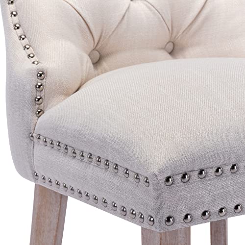 chairus Dining Chairs Set of 2 with Tufted High Back Retro Linen Fabric Upholstered Dining Room Chairs Side Chairs Rustic White Wood Legs Nailhead Trim Ring Pull- Beige 2PCS