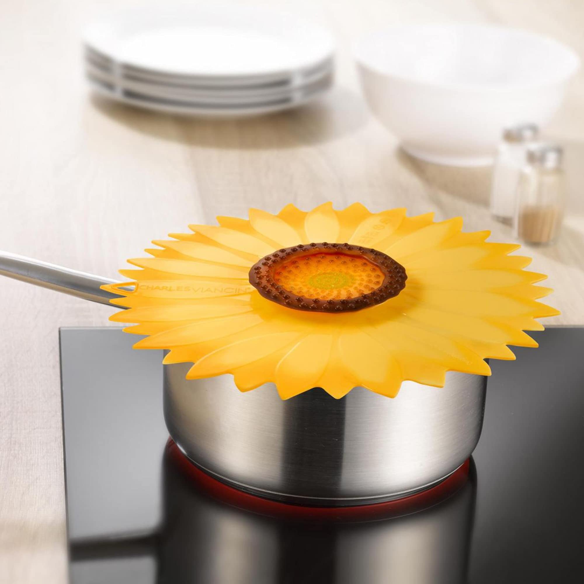 Charles Viancin - Sunflower Lid Gift-Box - Set of 4 Silicone Lids for Food Storage and Cooking - 11''/28cm + 9''/23cm + 6''/15cm + 4''/10cm - Airtight Seal on Any Smooth Rim Surface