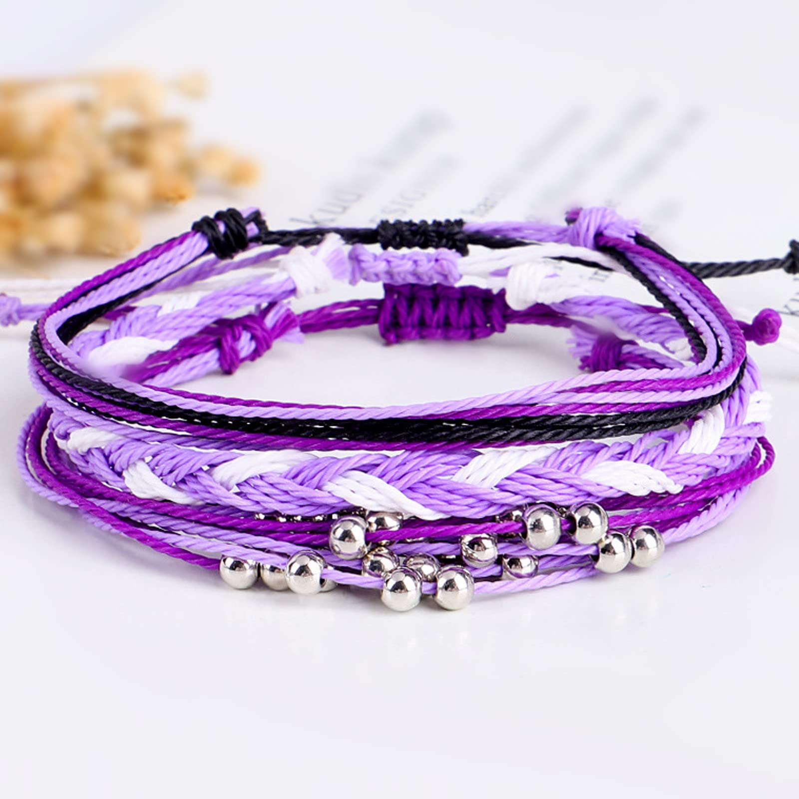 Bohemian Friendship Bracelet Set Beach Waterproof String Ocean Surfer Beaded Jewelry Adjustable Braided Rope String Cactus Bracelets Boho Stretch Handmade Woven Bracelets for Teen-purple