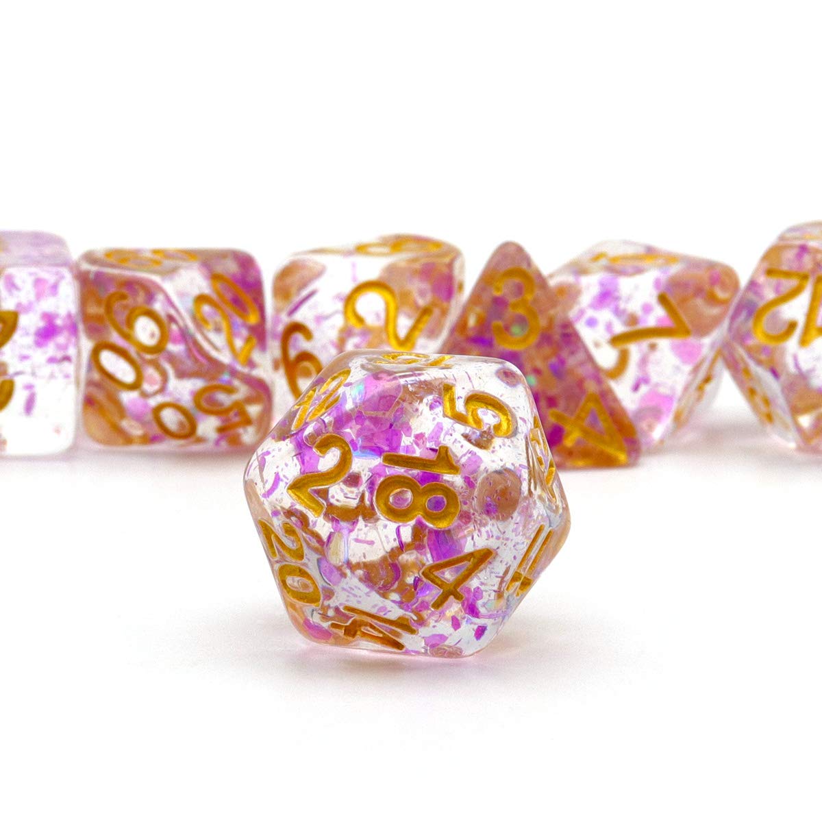 Haxtec DND Dice Set Purple 7PCS Polyhedral D&D Dice RPG Dungeons and Dragons-Purple Green Shift Glitter Flakes-Fantasy Dream