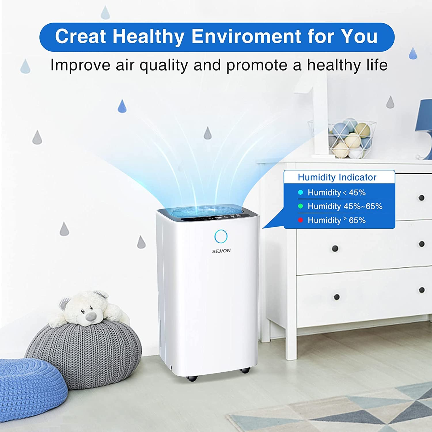 SEAVON 2,000 Sq. Ft Dehumidifiers with Pump for Home and Basements, with 2L Water Tank, Ideal for Bedroom, Bathroom, Intelligent Humidity Control, Continuous Drainage for Living Room/Closet