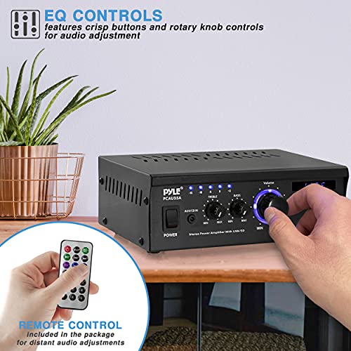 Pyle Home Home Audio Power Amplifier System - 2x75W Dual Channel Theater Power Stereo Receiver Box, Surround Sound w/ USB, RCA, AUX, LED, Remote, 12V Adapter - For Speaker, iPhone - Pyle PCAU35A