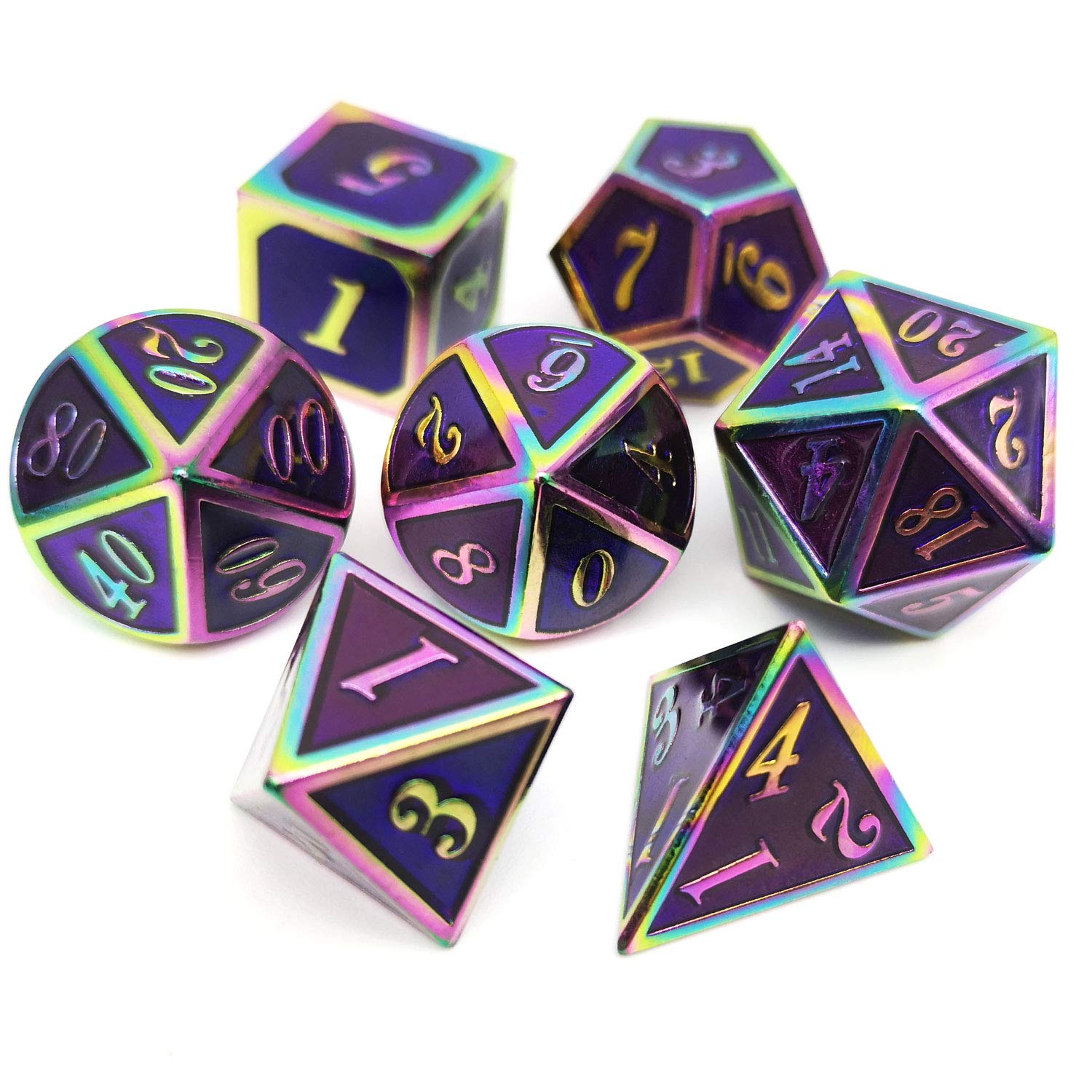 Haxtec Metal DND Dice Set Rainbow Purple D&D 7PCS of D20 D12 D10 D8 D6 D4 for Dungeons and Dragons TTRPG Games