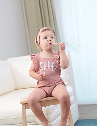 Shalofer Baby Girls One Year Old Outfits First Birthday Romper Cute Backless Ruffles Jumpsuit with Headband (Pink,12-18 Months)