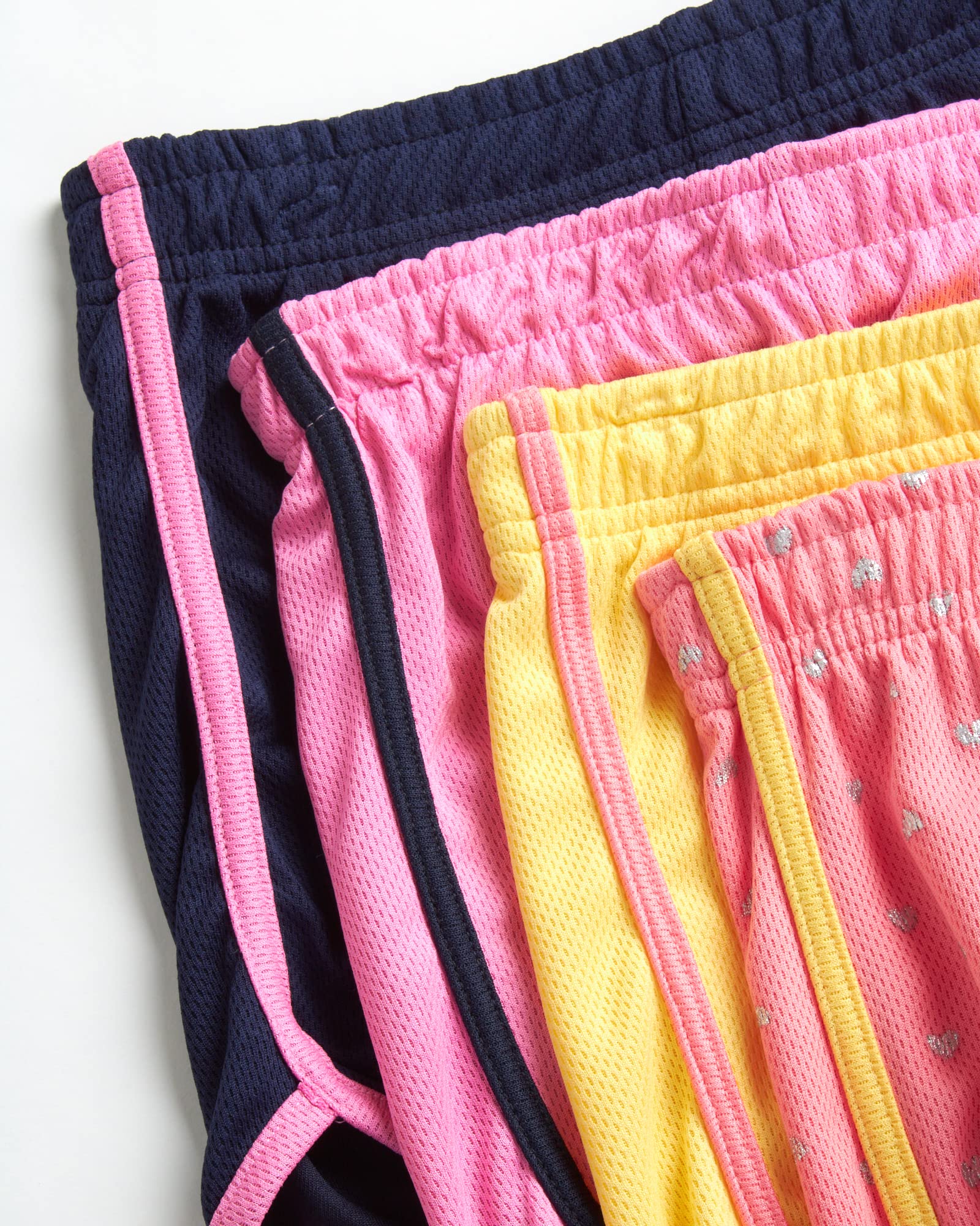 Body Glove Girls' Active Shorts - 4 Pack Mesh Athletic Performance Gym Dolphin Shorts (7-12), Size 10, Coral/Yellow/Navy/Pink
