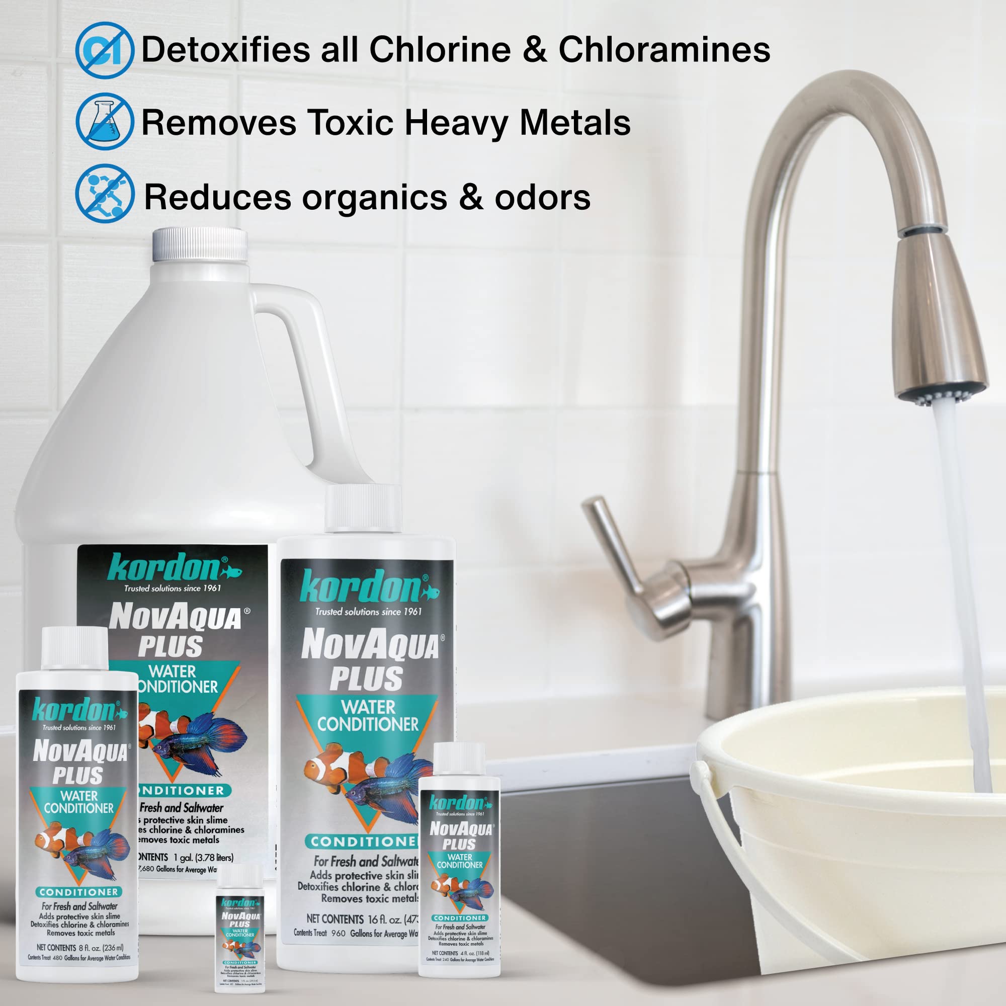 Kordon NOVAQUA Plus - Freshwater & Saltwater Aquarium Water Conditioner โ Instantly Detoxifies Chlorine, Chloramines, & Heavy Metals, Replaces Fish Slime Coat, Reduces Fish Stress, 16 Ounces
