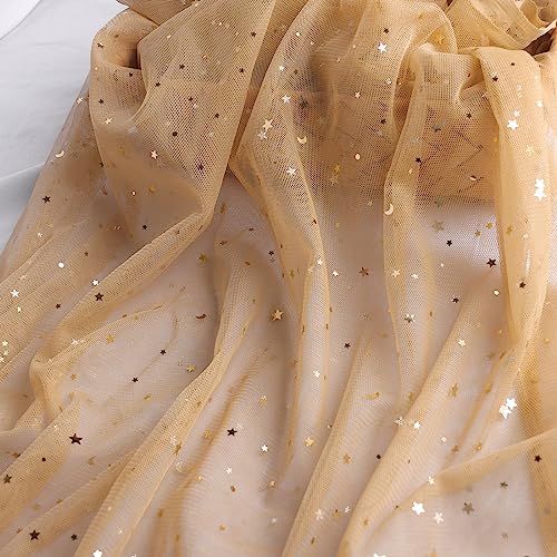 HAVII 54" x 8 Yards Gold Glitter Tulle Rolls Star Moon Sequin Tulle Fabric Bolt for Tutu Table Skirts DIY Sewing Crafts Wedding Party Backdrop Decoration