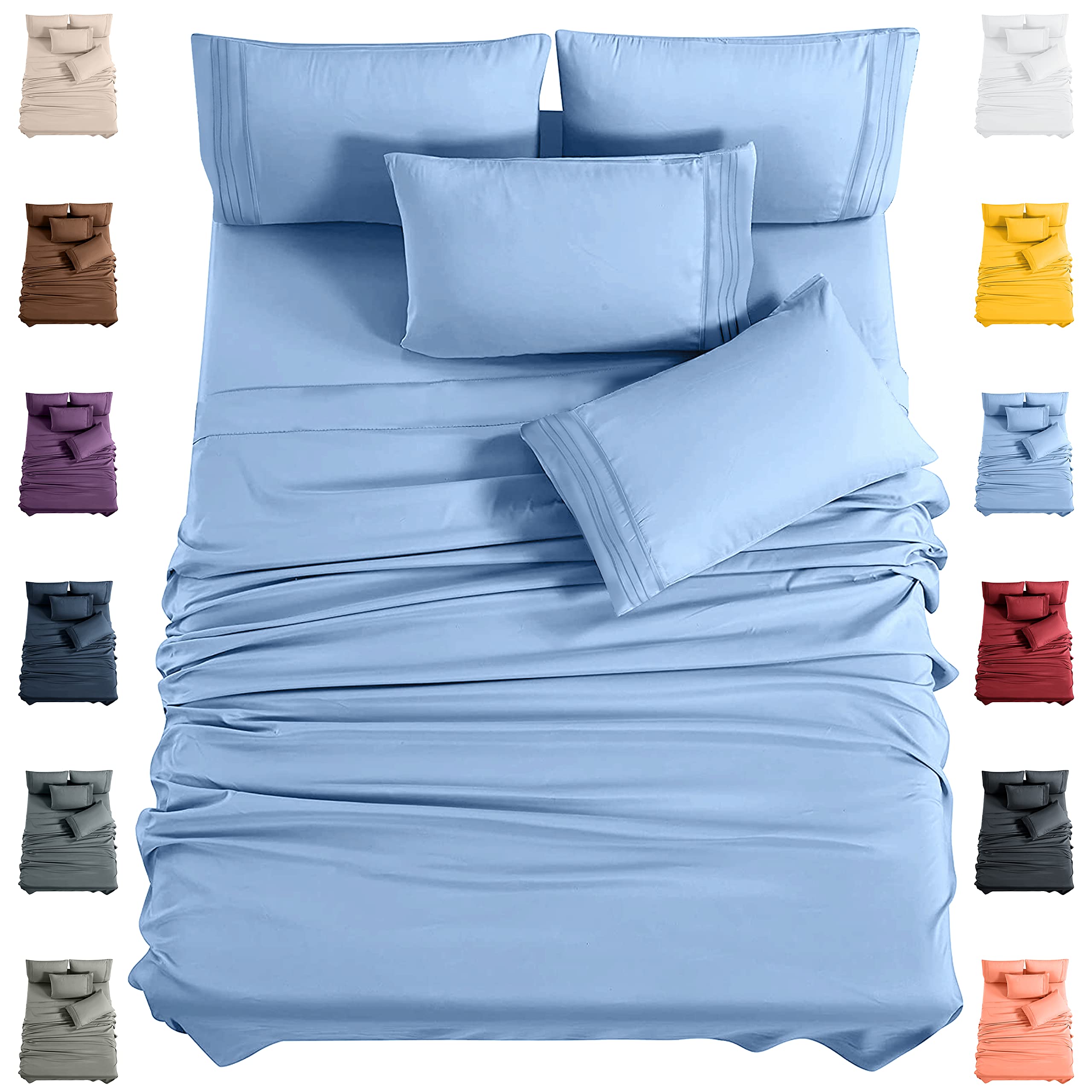 Bondiance 6 Piece Sheet Set - Luxury King Size Bed Sheets - 15" Deep Pocket - Brushed Microfiber 1800 Thread Count- Extra Soft - Breathable - Wrinkle Free - suitable for hotels（King, Lake blue）
